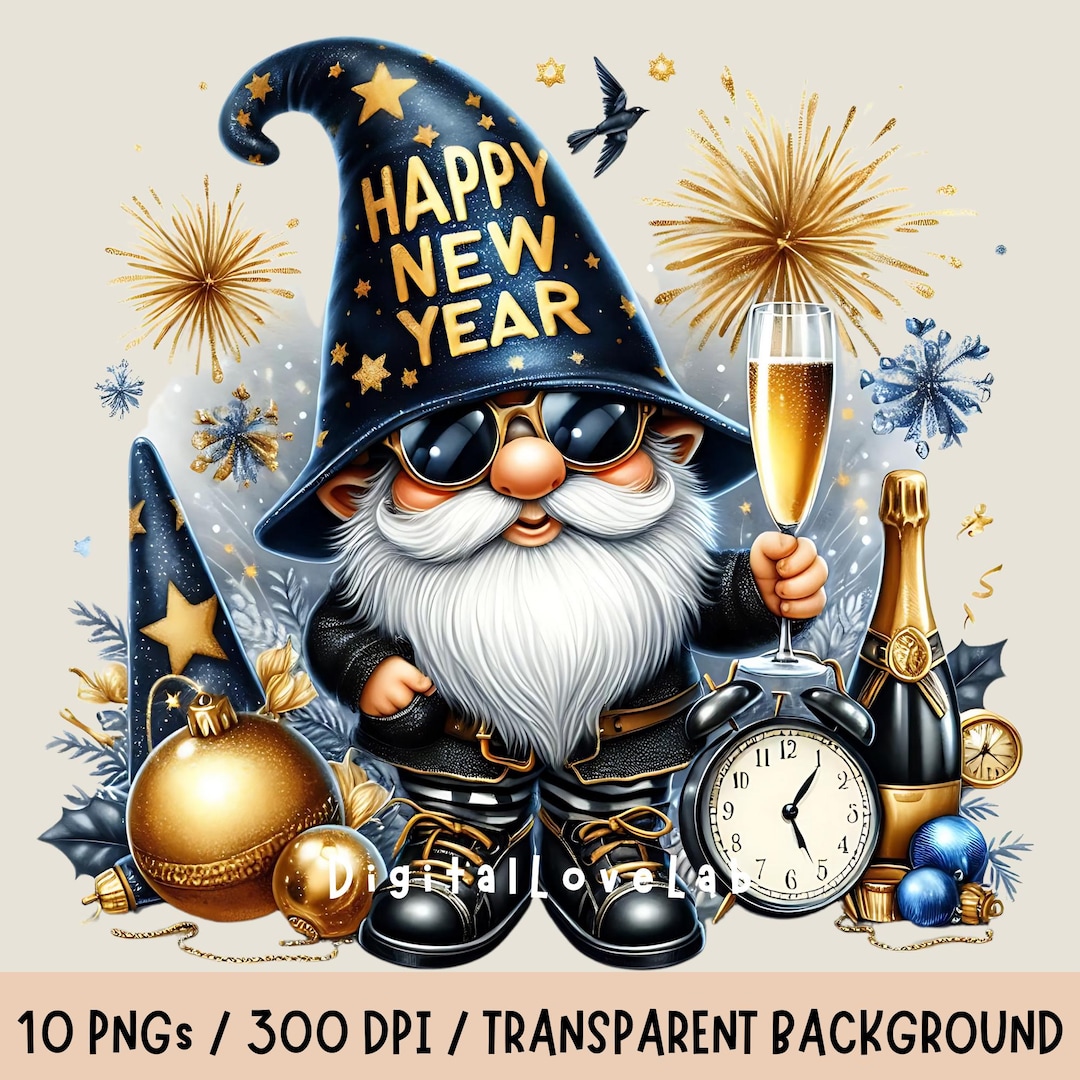 Happy New Year Gnomes Clipart Bundle Set of 10 Happy New Year Gnome Png ...