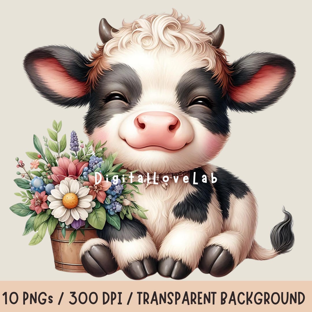 Watercolor Baby Cow Clipart Set of 10 PNG, Baby Animals, Cow PNG ...