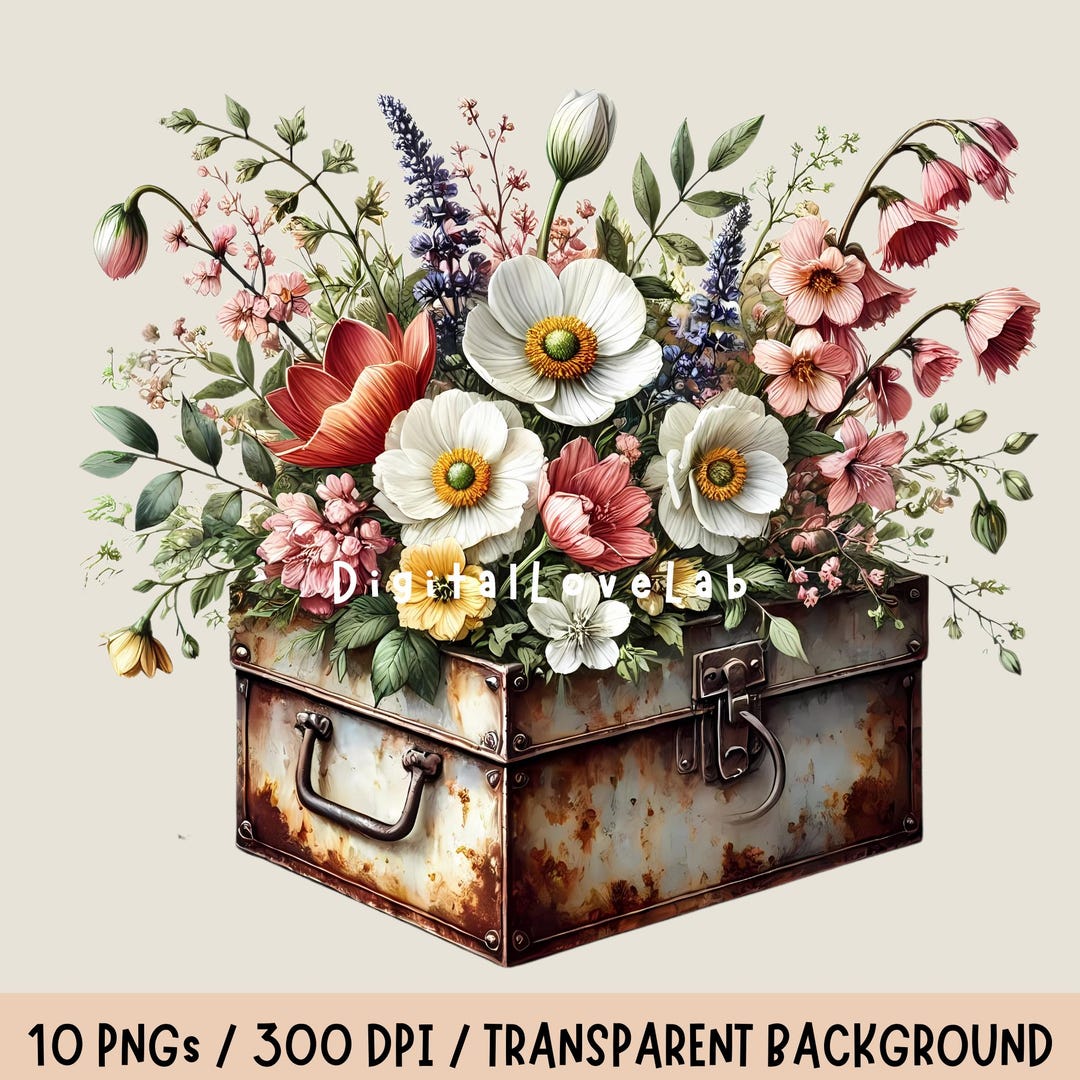 Spring Flowers in Rustic Rusty Box Clipart Set of 10 Watercolor Flowers ...