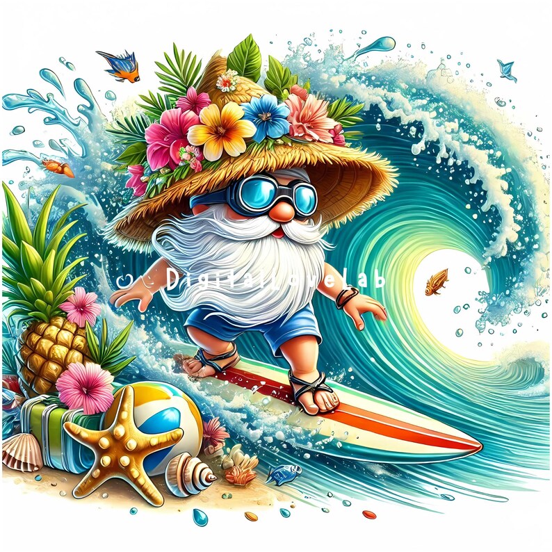 Watercolor Surf Gnome Clipart Bundle Set of 10 JPEG, Surfing Gnome ...