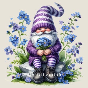 Watercolor Forget Me Not Flower Wreath Gnome Clipart Bundles, Gnome ...