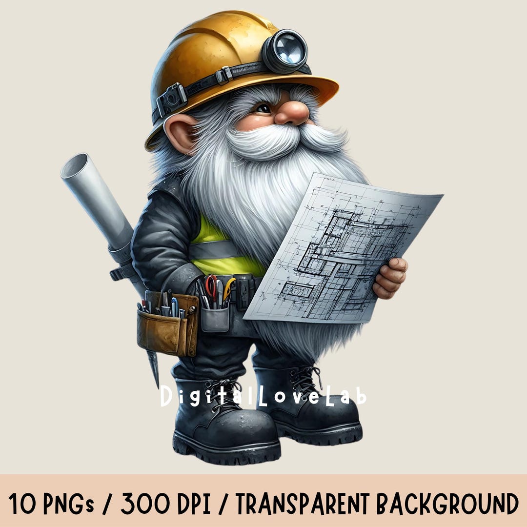 Watercolor Engineer Gnomes Set of 10 PNG Clipart, Builder Gnomes ...