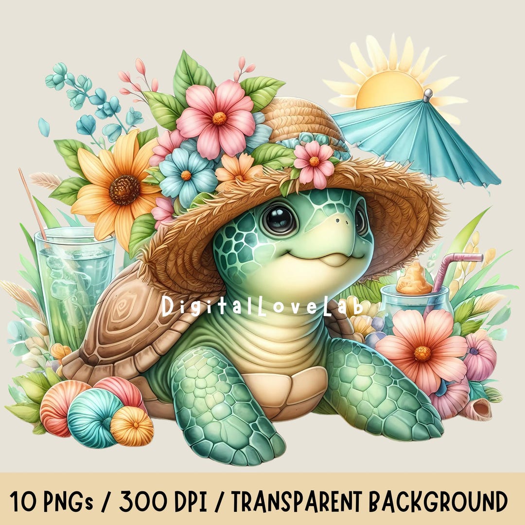 Cute Summer Turtle Set of 10 PNG Clipart Watercolor Turtle Clipart, Sea ...