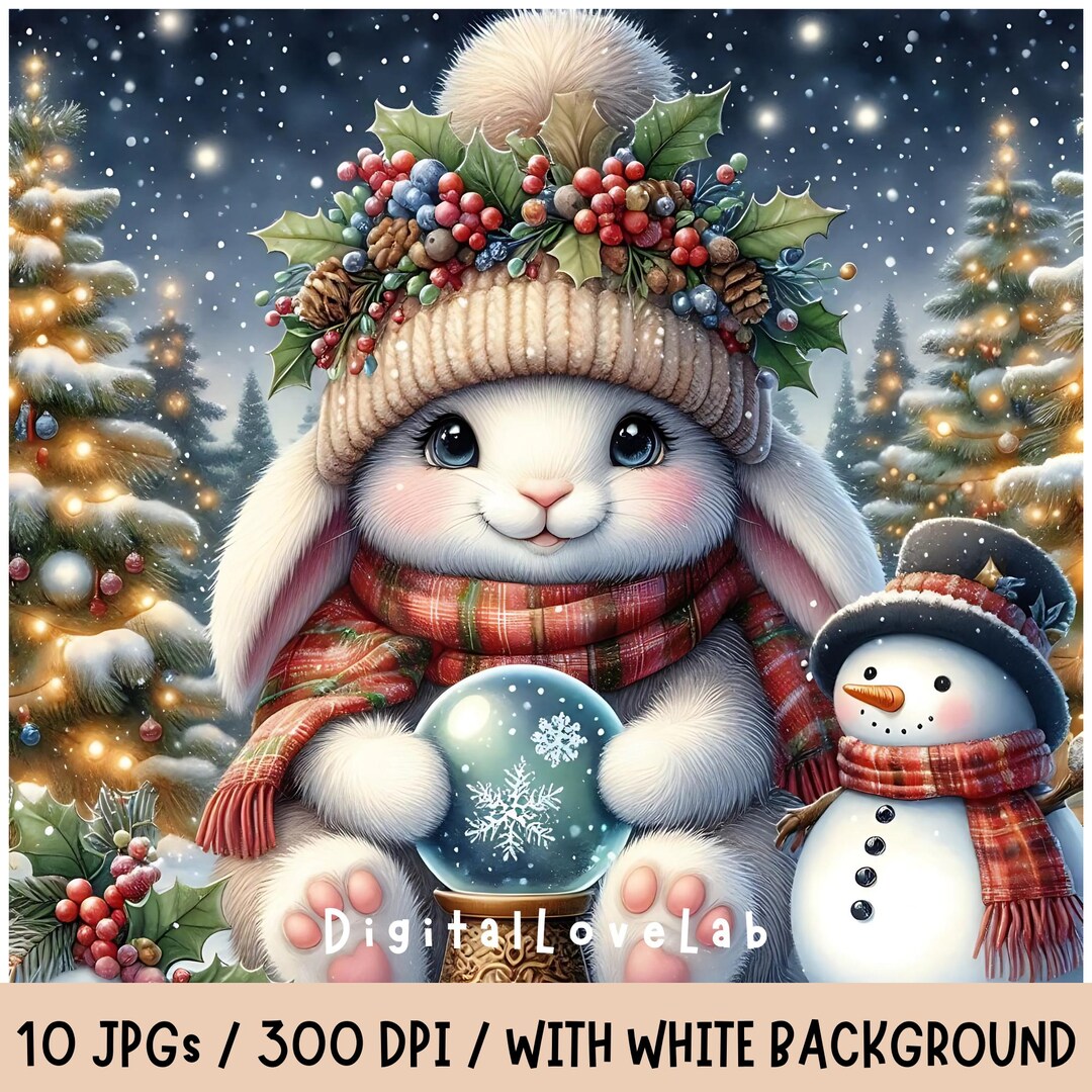 Watercolor Christmas Bunny Set of 10 JPG Clipart Rabbit Clipart Winter ...