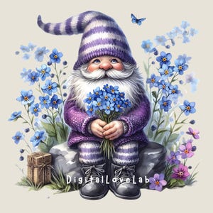 Watercolor Forget Me Not Flower Wreath Gnome Clipart Bundles, Gnome ...