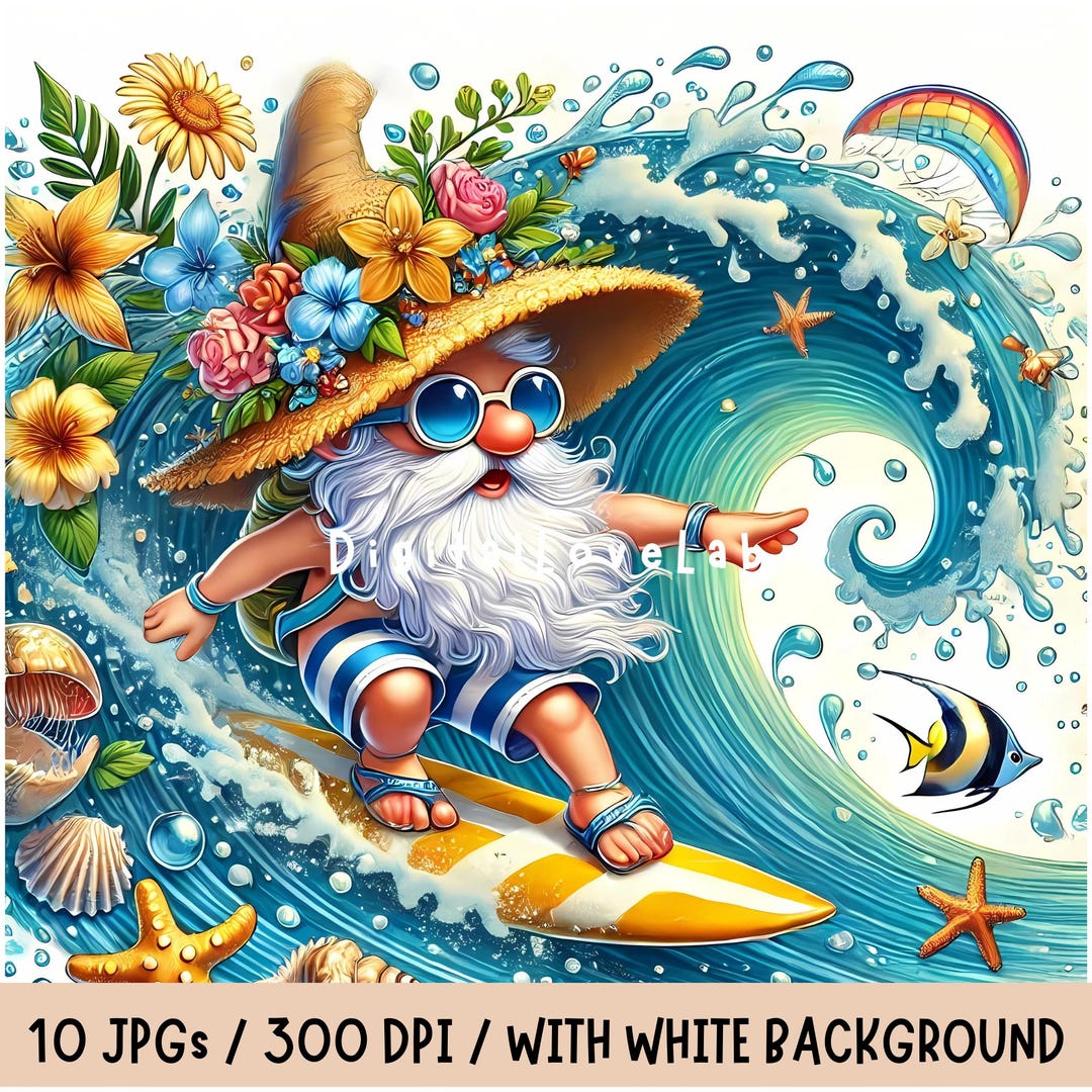 Watercolor Surf Gnome Clipart Bundle Set of 10 JPEG, Surfing Gnome ...