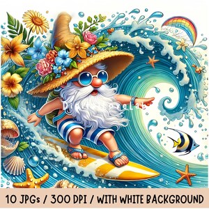 Watercolor Surf Gnome Clipart Bundle Set of 10 JPEG, Surfing Gnome ...
