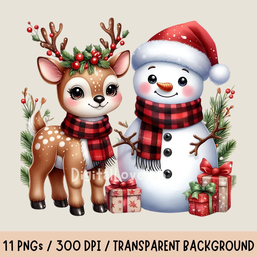 Snowman and Reindeer Clipart Set of 10 Clipart PNG Watercolor Christmas ...