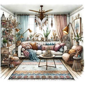 Watercolor Cozy Boho Living Room Clipart, Rustic Cozy Boho Decor ...