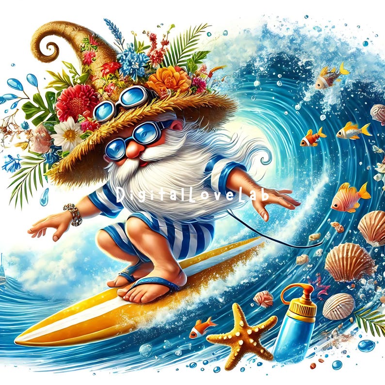 Watercolor Surf Gnome Clipart Bundle Set of 10 JPEG, Surfing Gnome ...