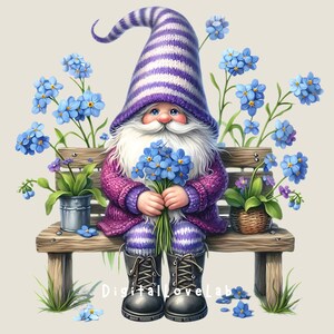 Watercolor Forget Me Not Flower Wreath Gnome Clipart Bundles, Gnome ...