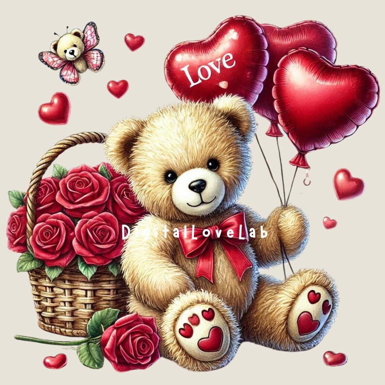 Watercolor Valentines Teddy Bear Clipart, Set of 10 PNG Valentines Day ...