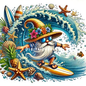 Watercolor Surf Gnome Clipart Bundle Set of 10 JPEG, Surfing Gnome ...