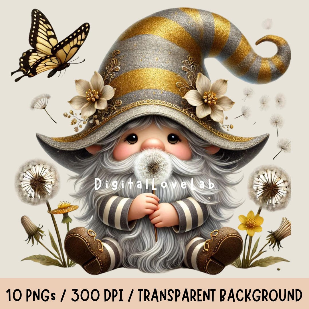Flower Gnome Set of 10 PNG Clipart, Dandelion Wish Gnome Flower Clipart ...