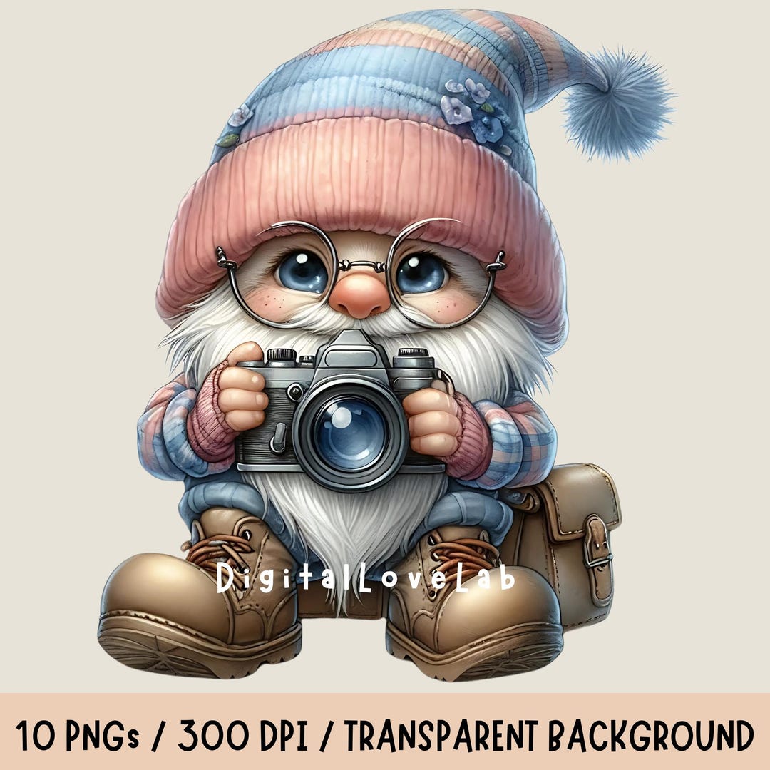 Watercolor Camera Photographer Gnome Set of 10 PNG Clipart, Camera ...
