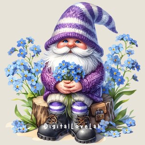 Watercolor Forget Me Not Flower Wreath Gnome Clipart Bundles, Gnome ...