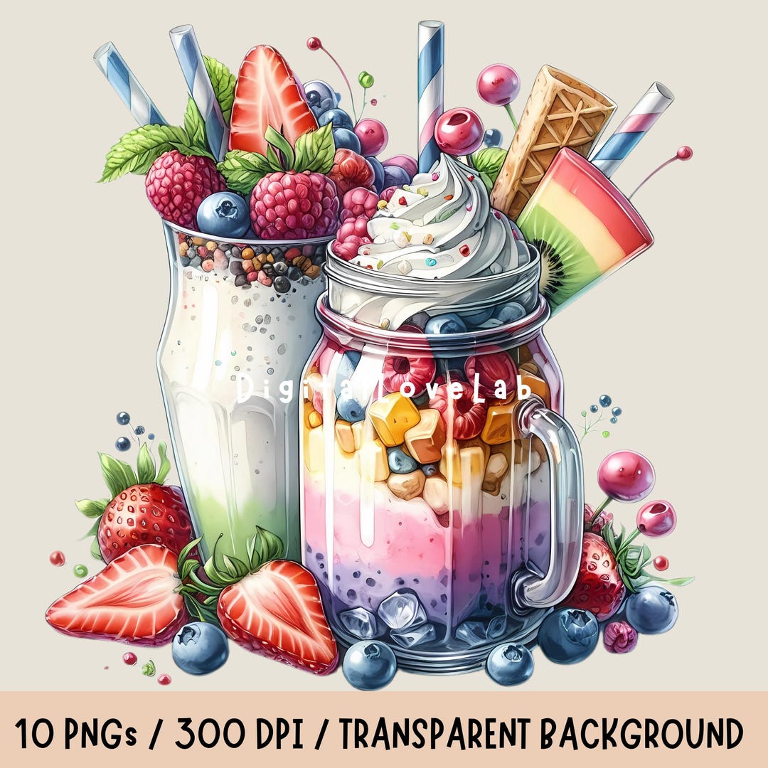 Milkshake Set of 10 PNG Clipart, Watercolor Ice Cream Png, Summer ...