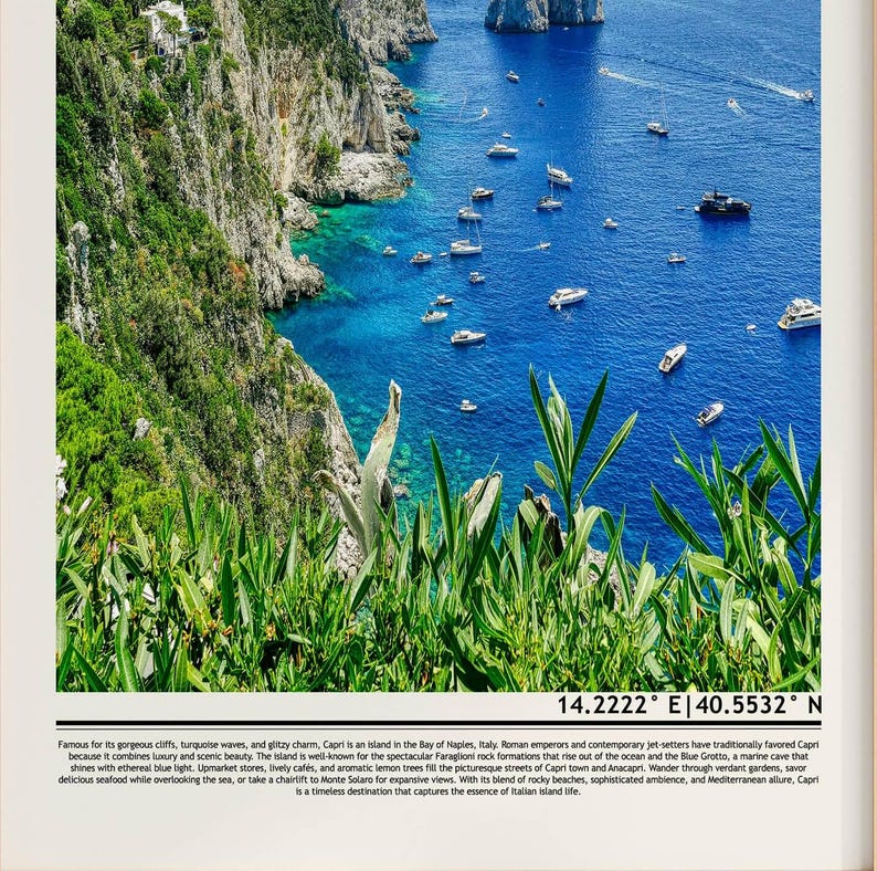 Capri Italy Travel Poster: Faraglioni Rocks, Blue Grotto, Mediterranean ...