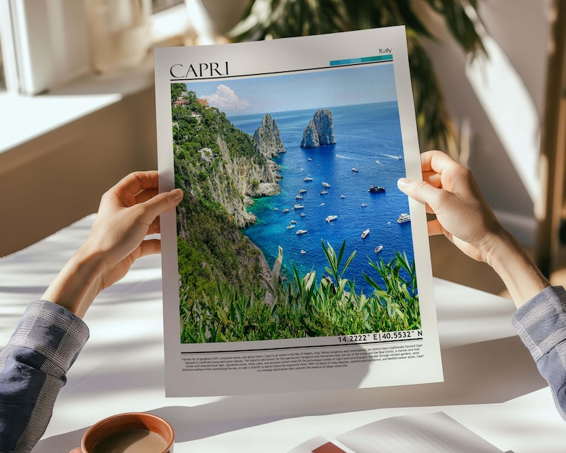 Capri Italy Travel Poster: Faraglioni Rocks, Blue Grotto, Mediterranean ...