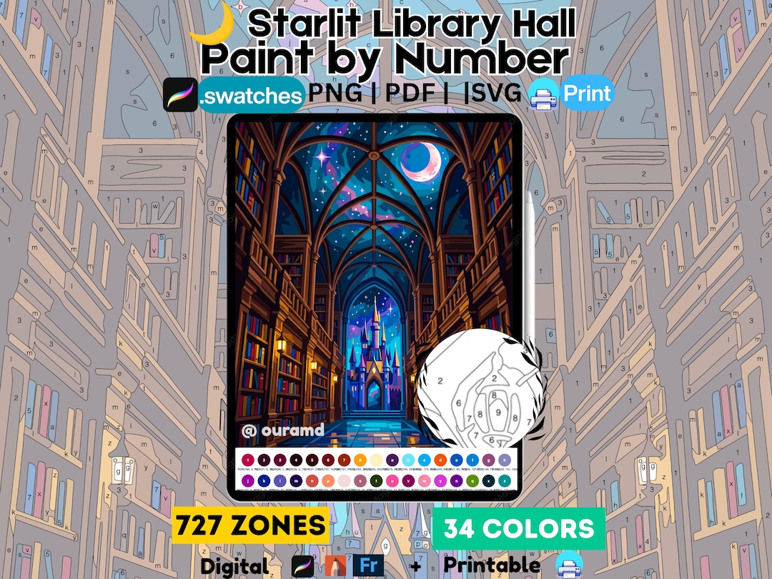 Starlit Library Paint by Number | Celestial Castle Coloring Page | PNG ...