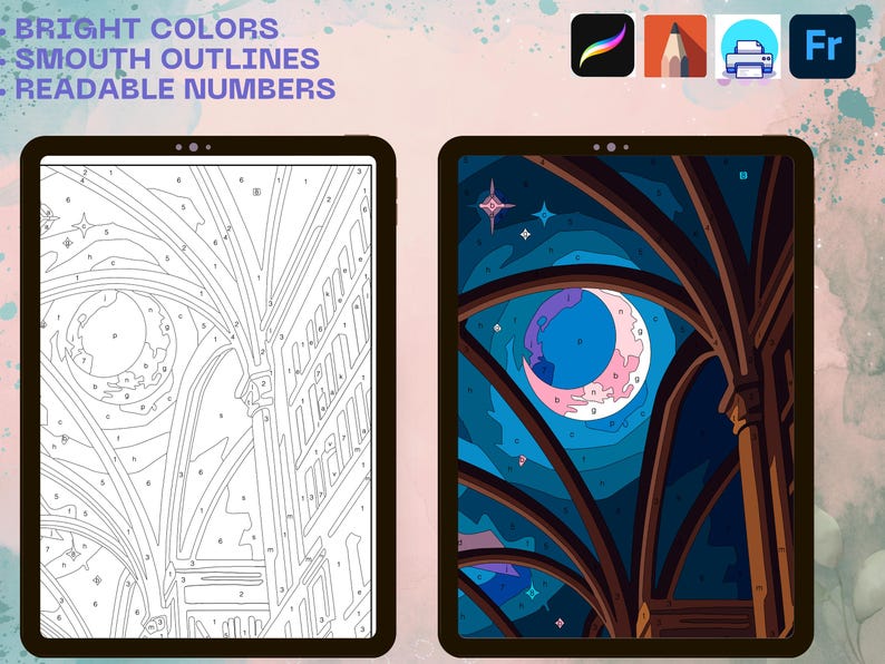 Starlit Library Paint by Number | Celestial Castle Coloring Page | PNG ...
