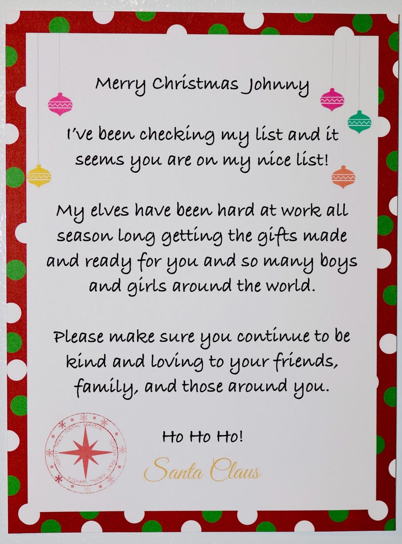 Personalized Letter From Santa - Christmas Nice List, Keepsake - Etsy