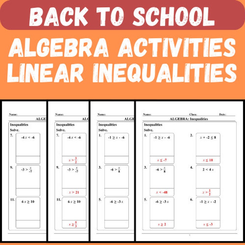 Back to School Activities Solving Inequalities Worksheets Grade 9th No ...