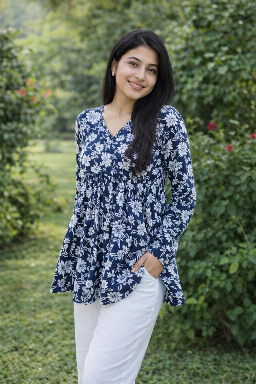 Hand Block Printed Cotton Floral Top Blue Jaipuri Print Kurti Summer ...