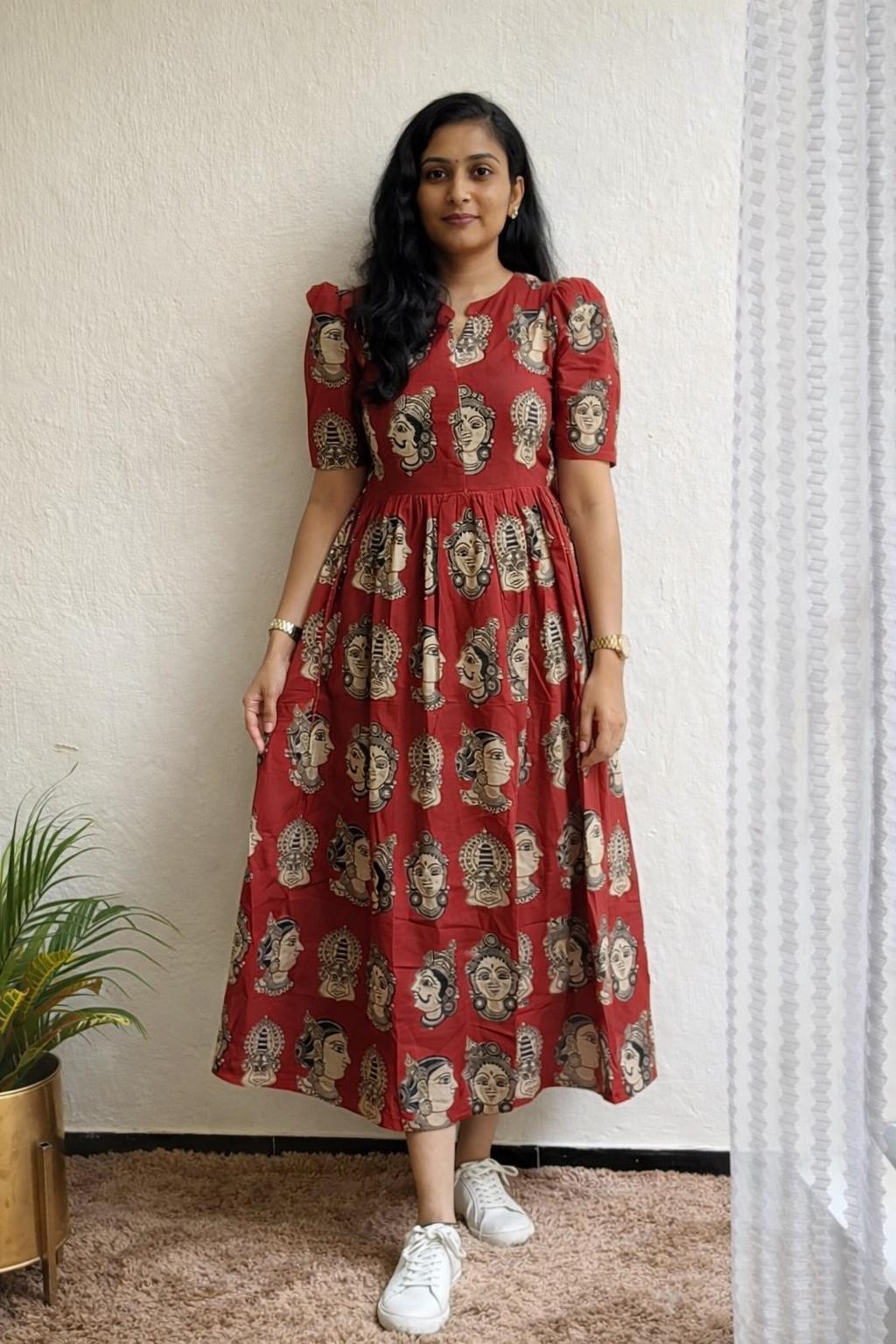 Hand Block Printed Dress Summer MIDI Dress Red Green Cotton Floral A ...