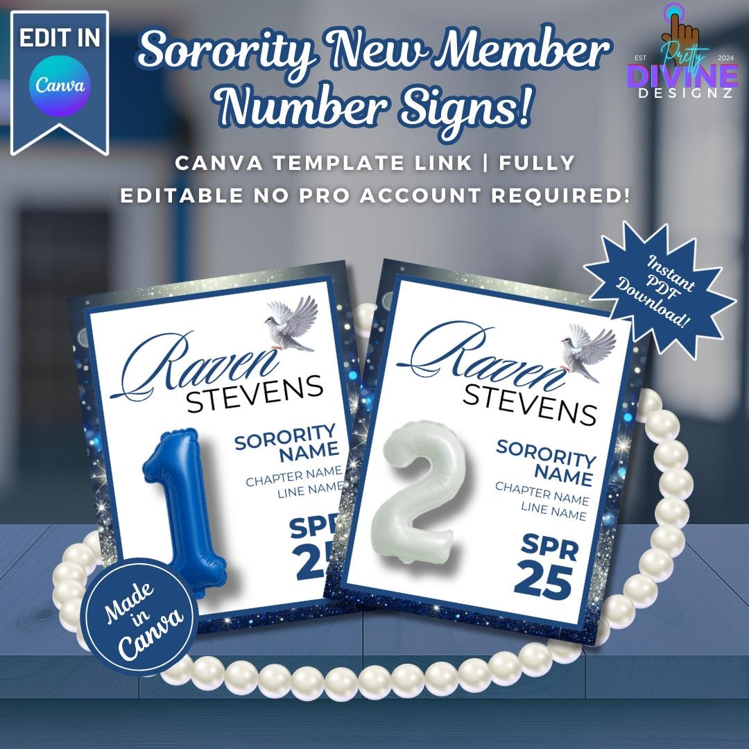 Finer Woman Blue and White New Member Number Signs: Sorority Canva ...