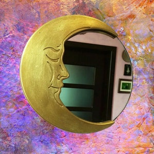 Golden Crescent Moon Mirror: Serene Face, Art Nouveau Resin Wall Art - Etsy