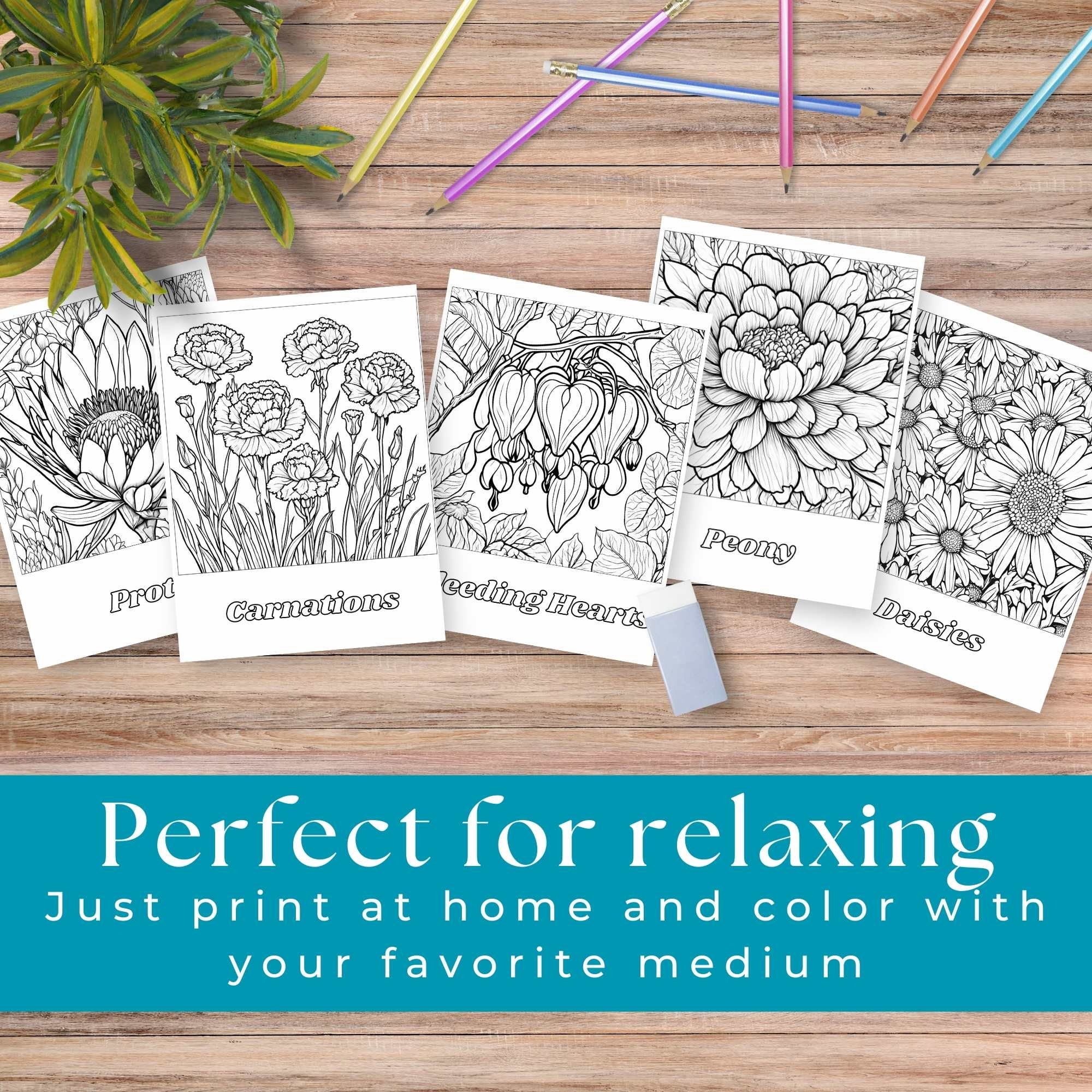 Flower Coloring Pages, 30 Printable PDF Pages for Adults and Kids ...