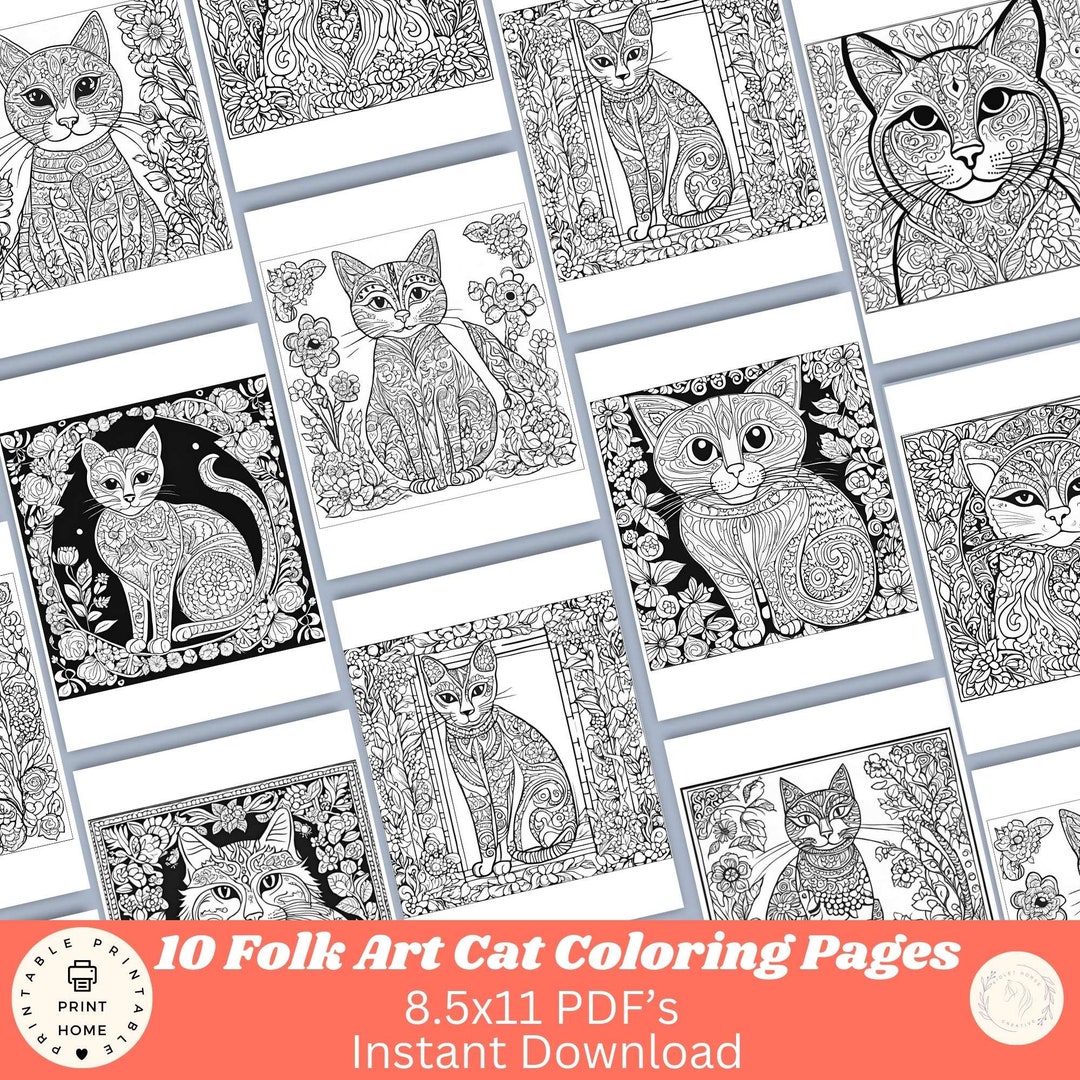 Folk Art Cat Coloring Pages Adult Kids Printable Quirky Kitty Coloring ...