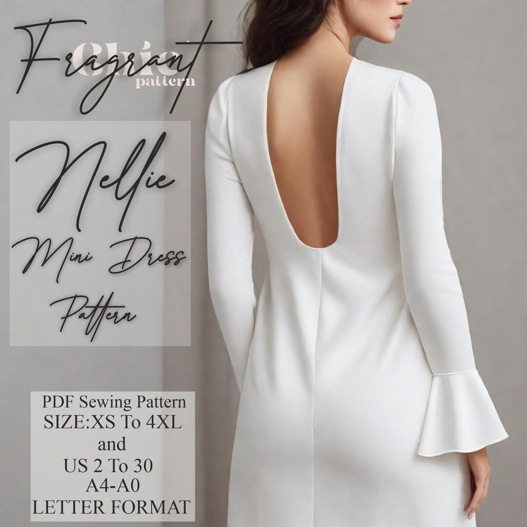 Open Back Dress Sewing Pattern, Mini Dress Sewing Pattern, Long Sleeve ...