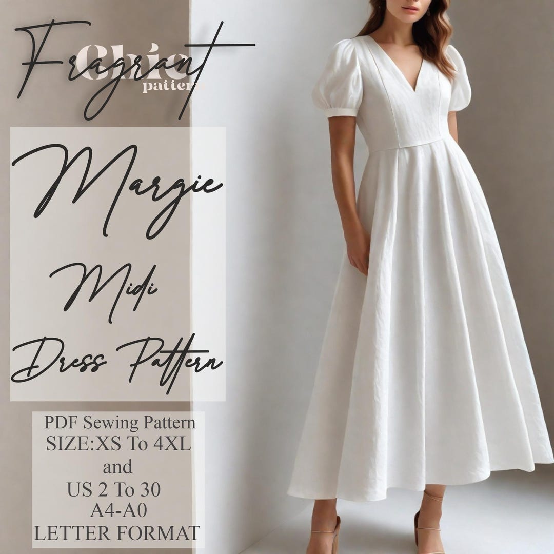 V Neck Dress Pattern,midi Dress Sewing Pattern,bishop Sleeve Dress ...