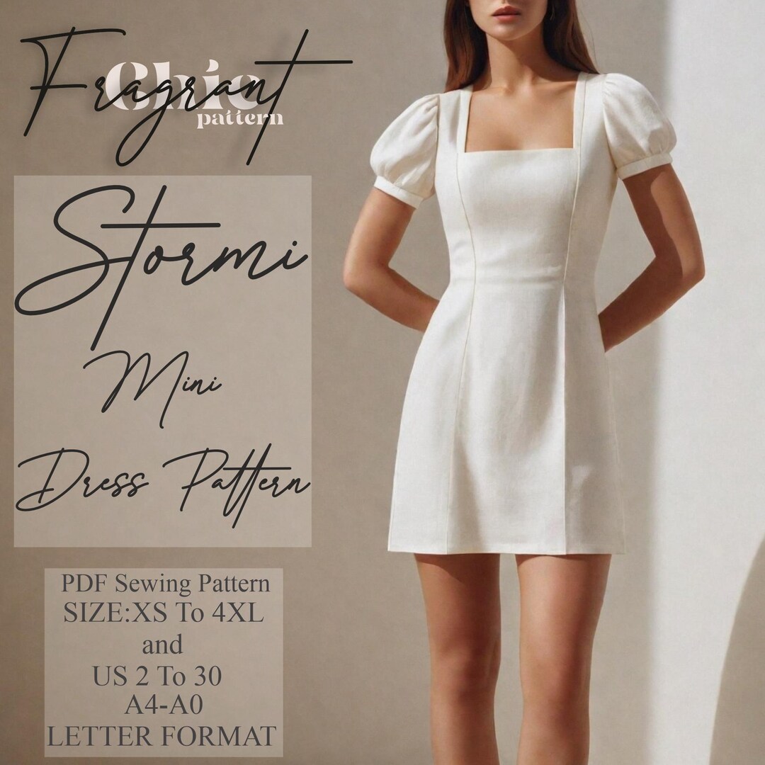 Square Neck Dress Sewing Pattern, Short Bishop Sleeve Dress, Mini Dress ...