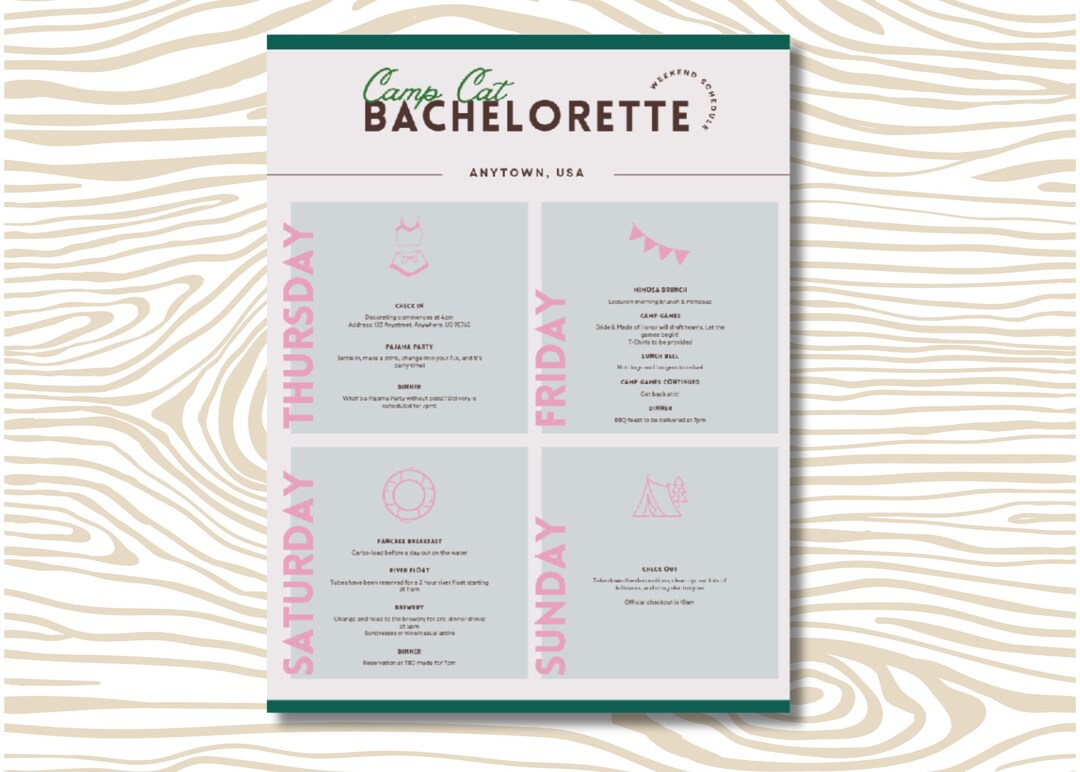 Canva Template - Classy Camp Bachelorette Schedule - Etsy