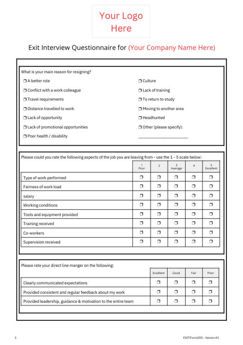 Employee Exit Interview Template | Fully Editable Document | Commercial ...