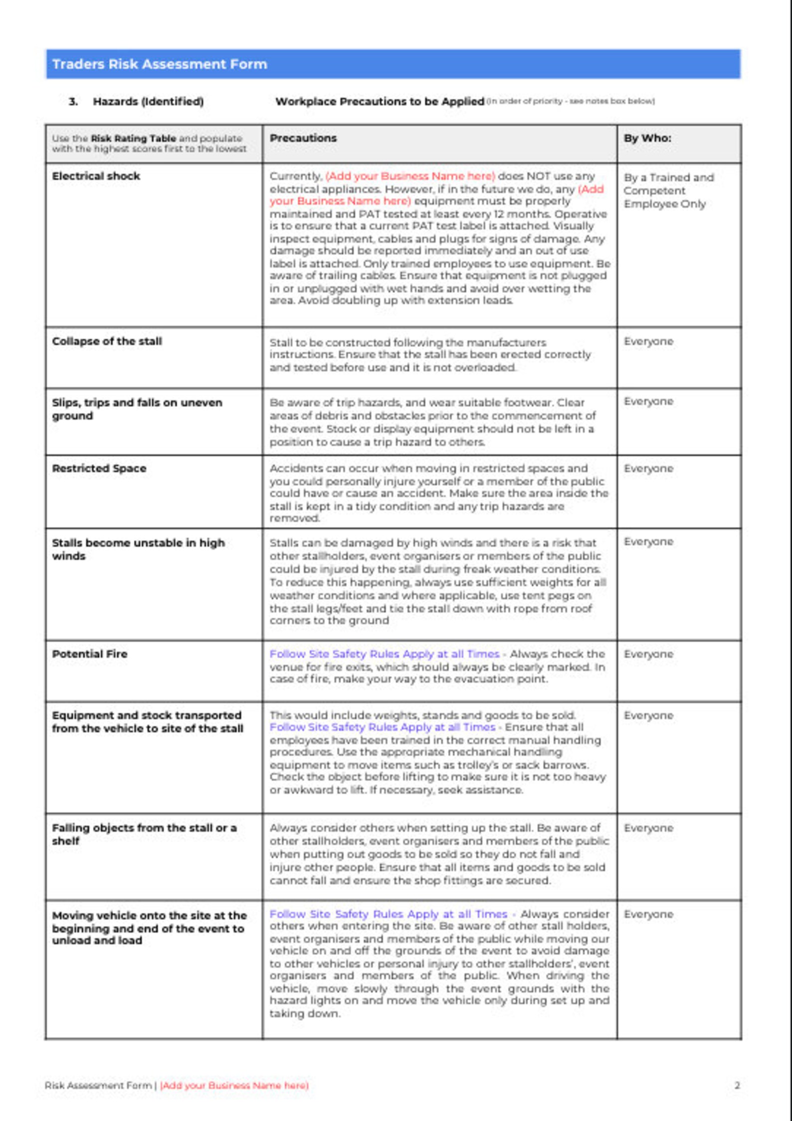 Risk Assessment Template for Stallholders, Traders and Events | Craft ...