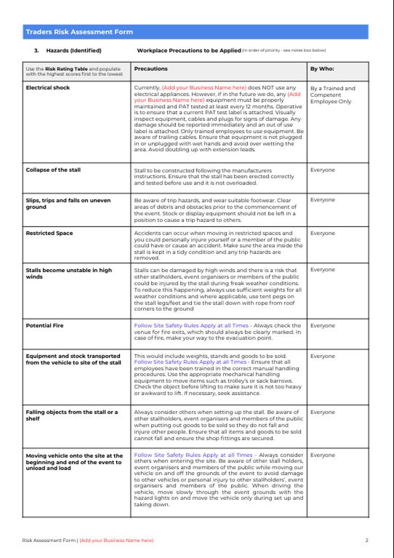 Risk Assessment Template for Stallholders, Traders and Events | Craft ...