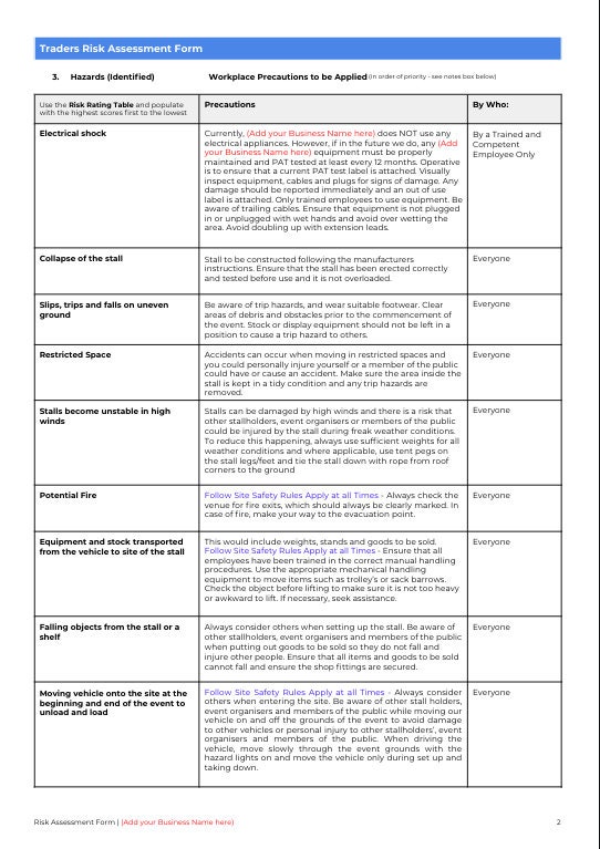 Risk Assessment Template for Stallholders, Traders and Events | Craft ...