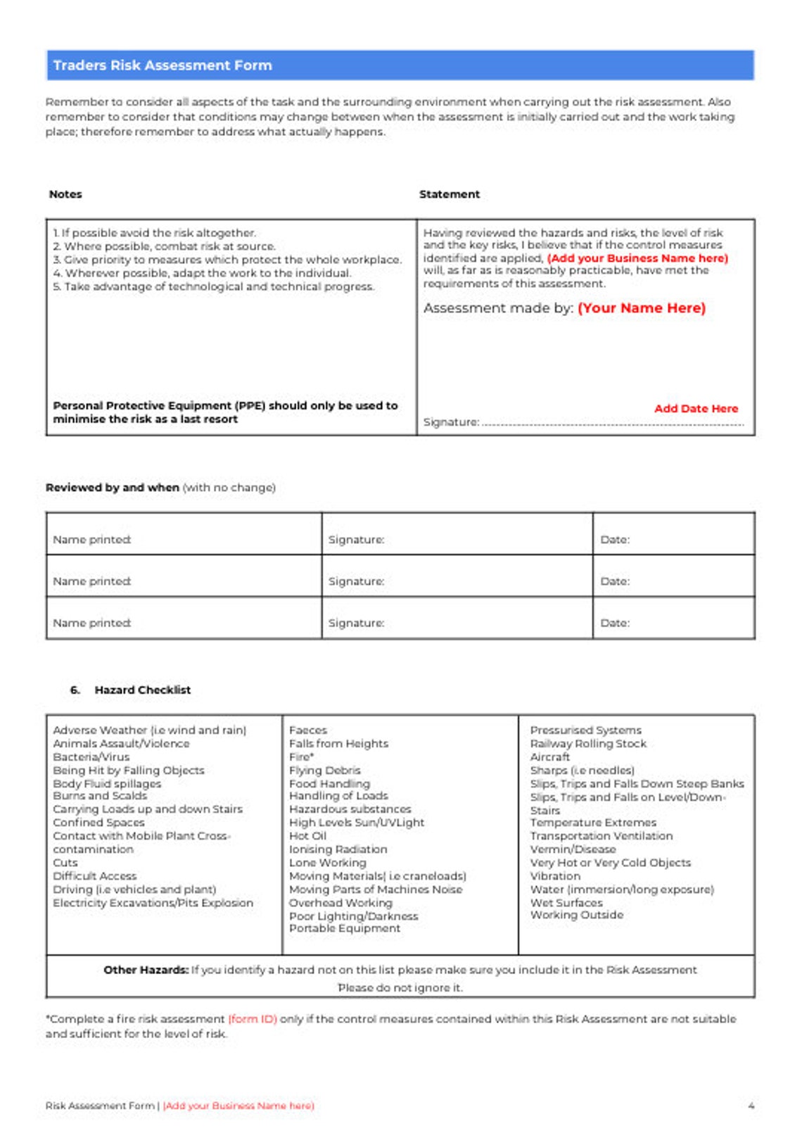 Risk Assessment Template for Stallholders, Traders and Events | Craft ...