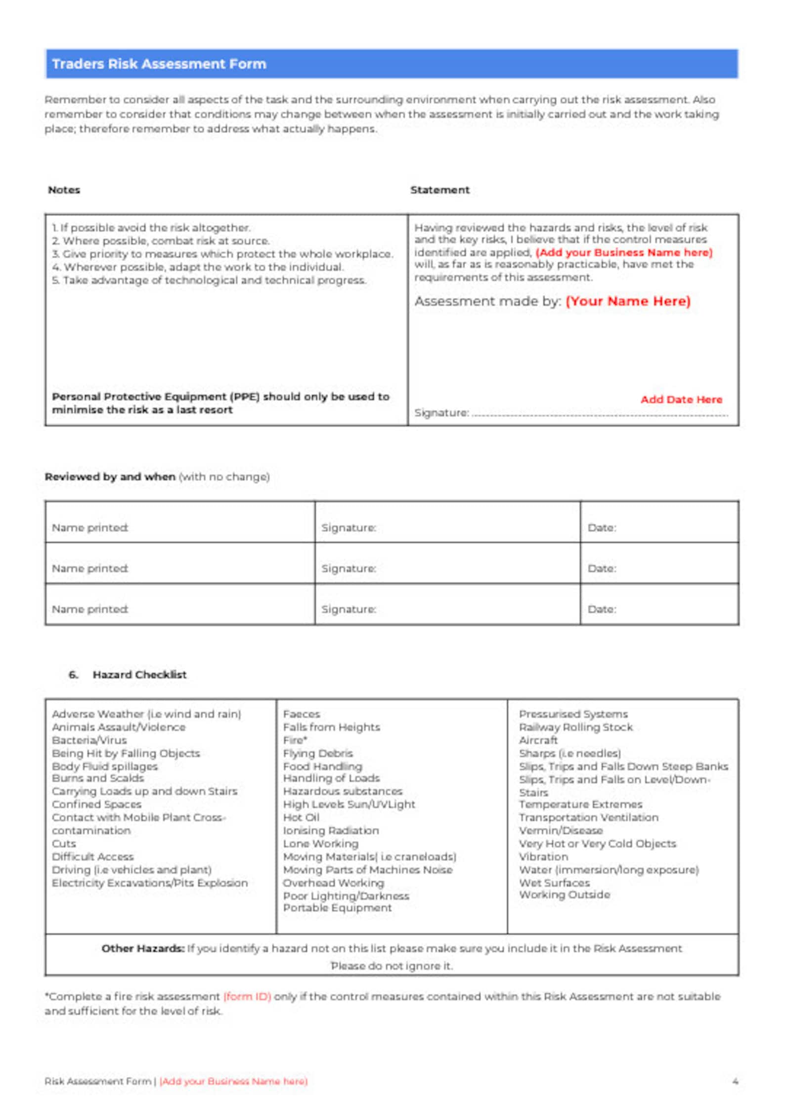 Risk Assessment Template for Stallholders, Traders and Events | Craft ...