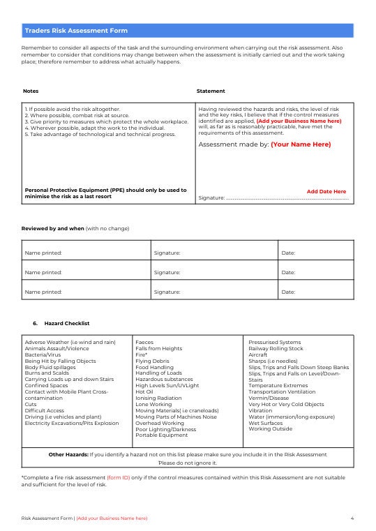 Risk Assessment Template for Stallholders, Traders and Events | Craft ...
