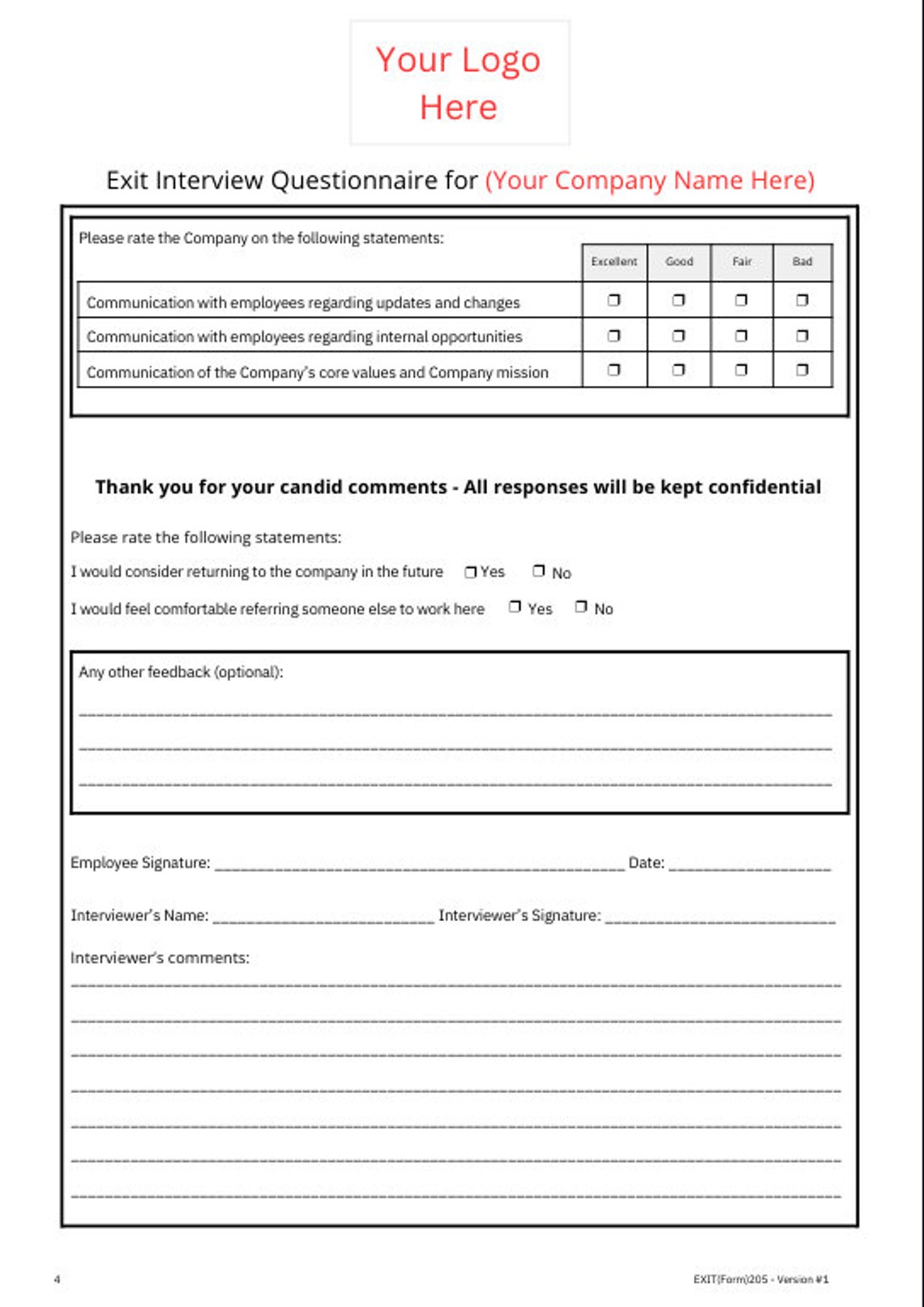 Employee Exit Interview Template | Fully Editable Document | Commercial ...