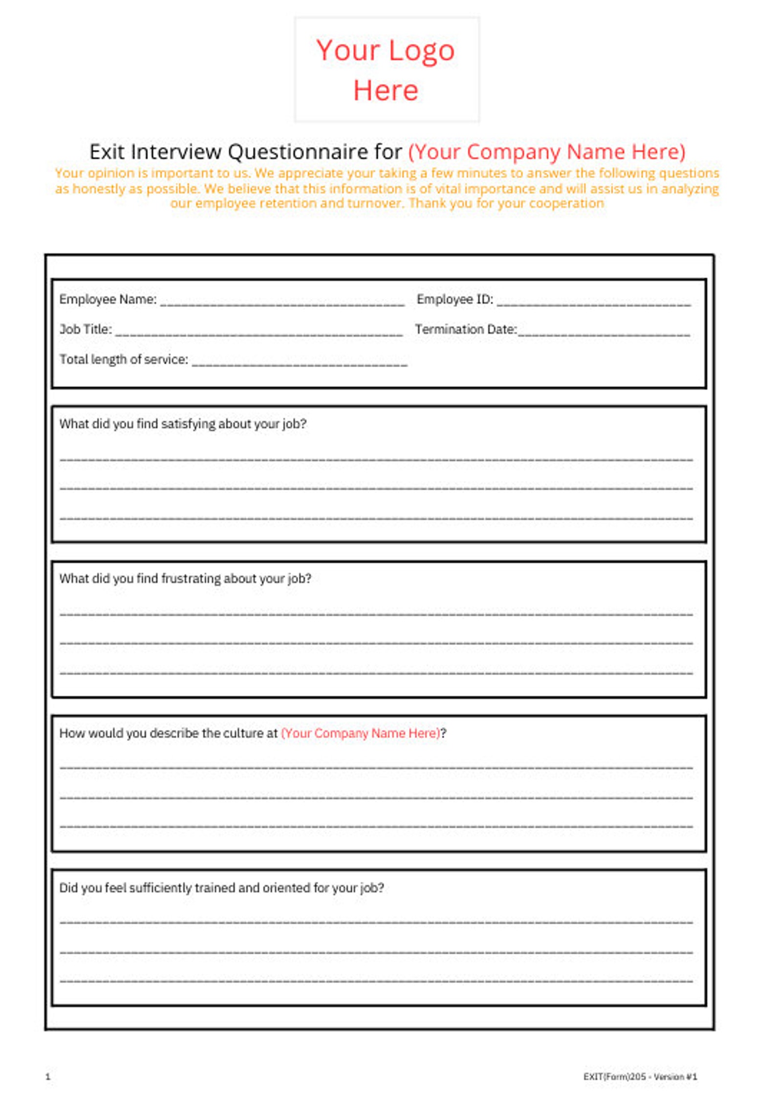 Employee Exit Interview Template | Fully Editable Document | Commercial ...