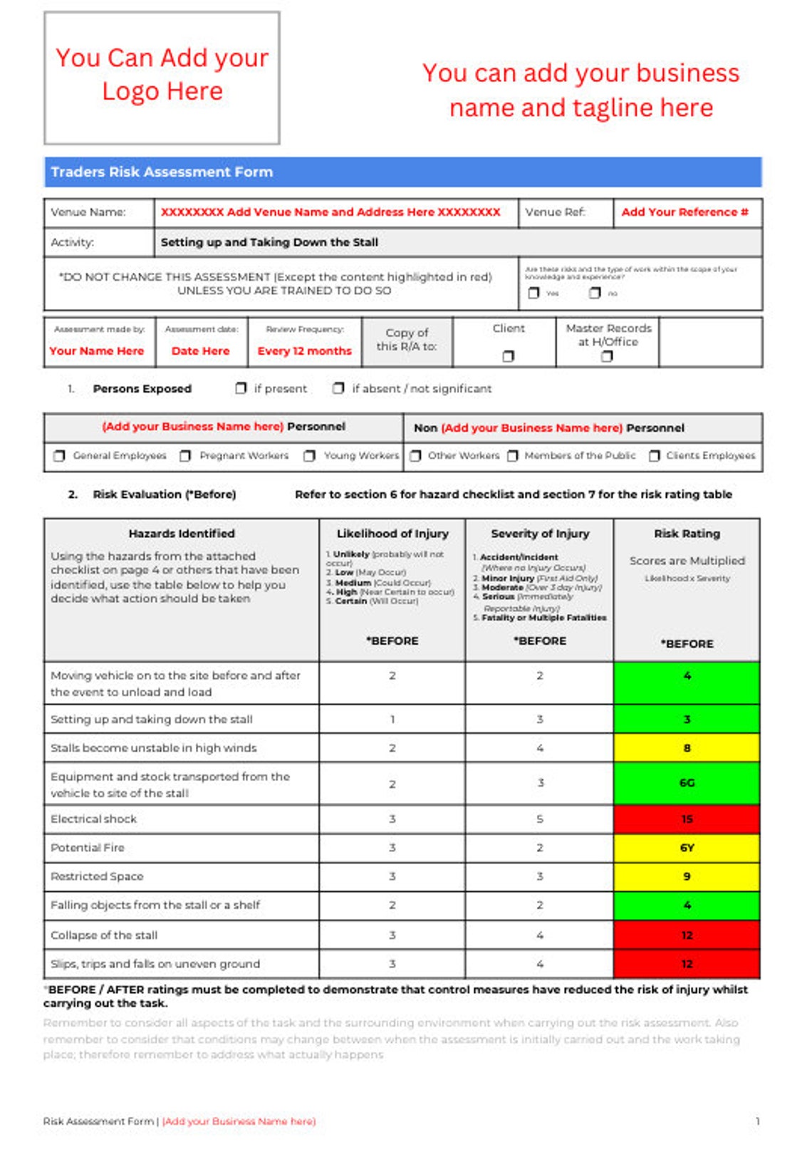 Risk Assessment Template for Stallholders, Traders and Events | Craft ...