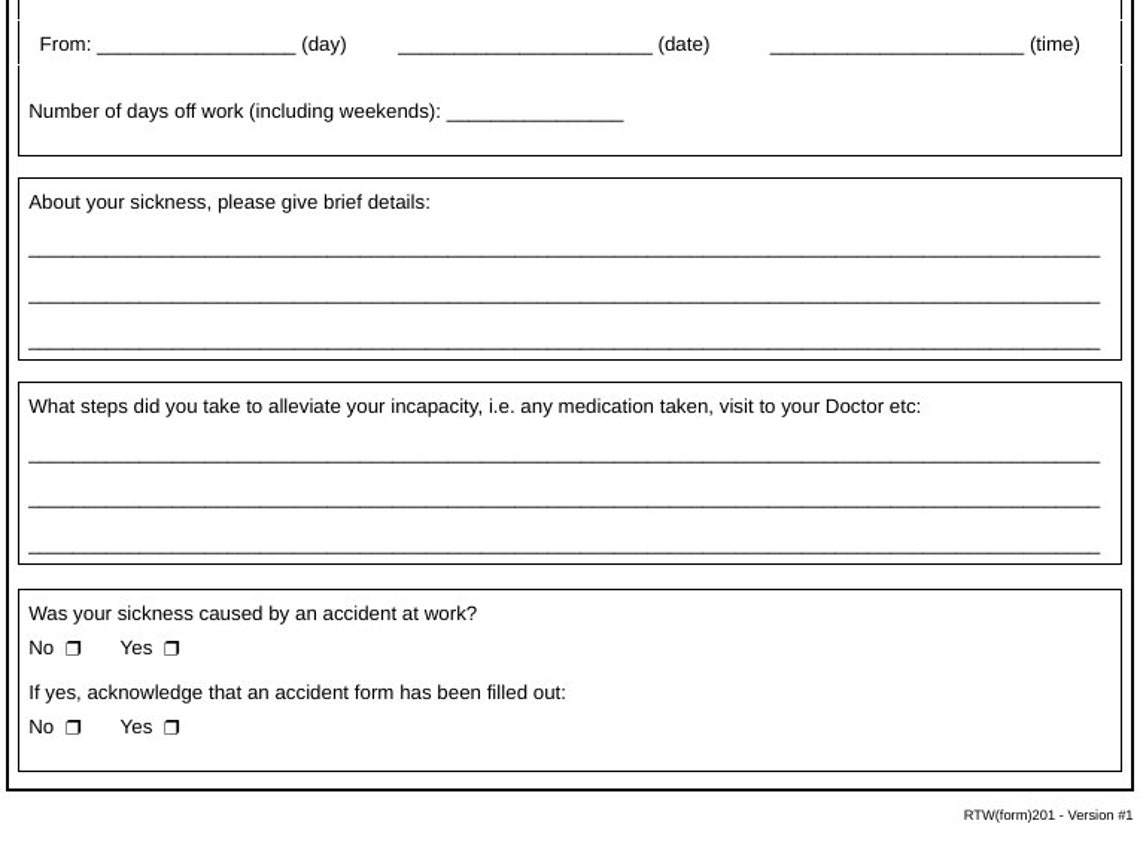 Return to Work After Sickness Template Fully Editable Document Small ...