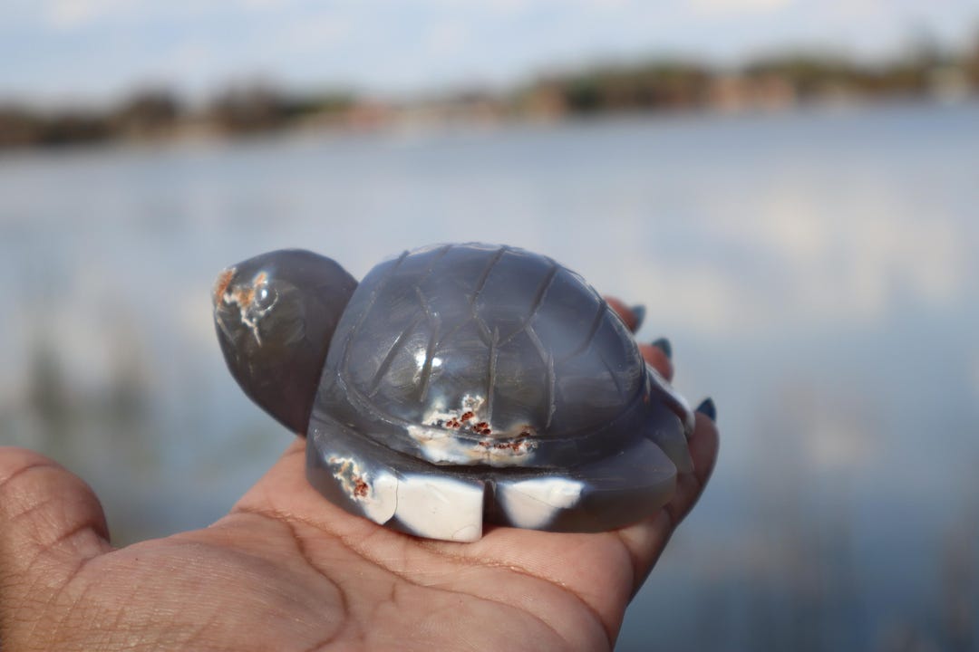 Hand Carved Orca Agate Turtle | Blue Gray Banded Ocean Stone Decor - Etsy