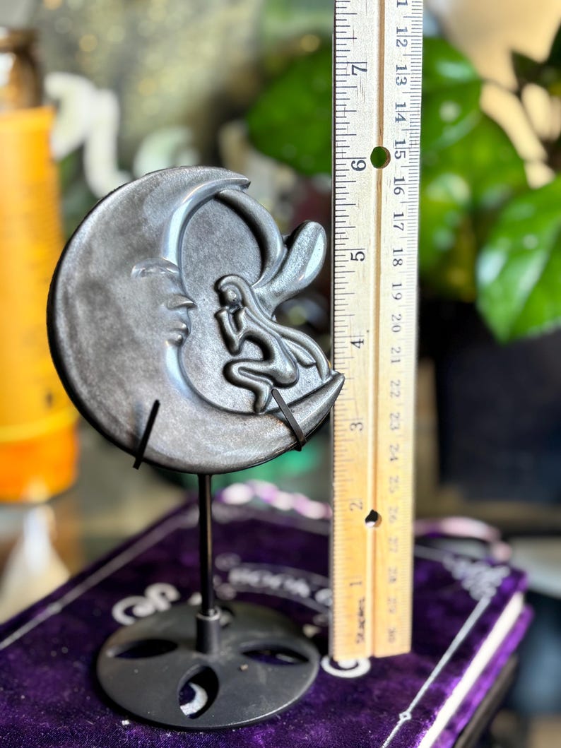 Silver Sheen Obsidian Moon Decor, Engraved Fairy Healing Stone - Etsy